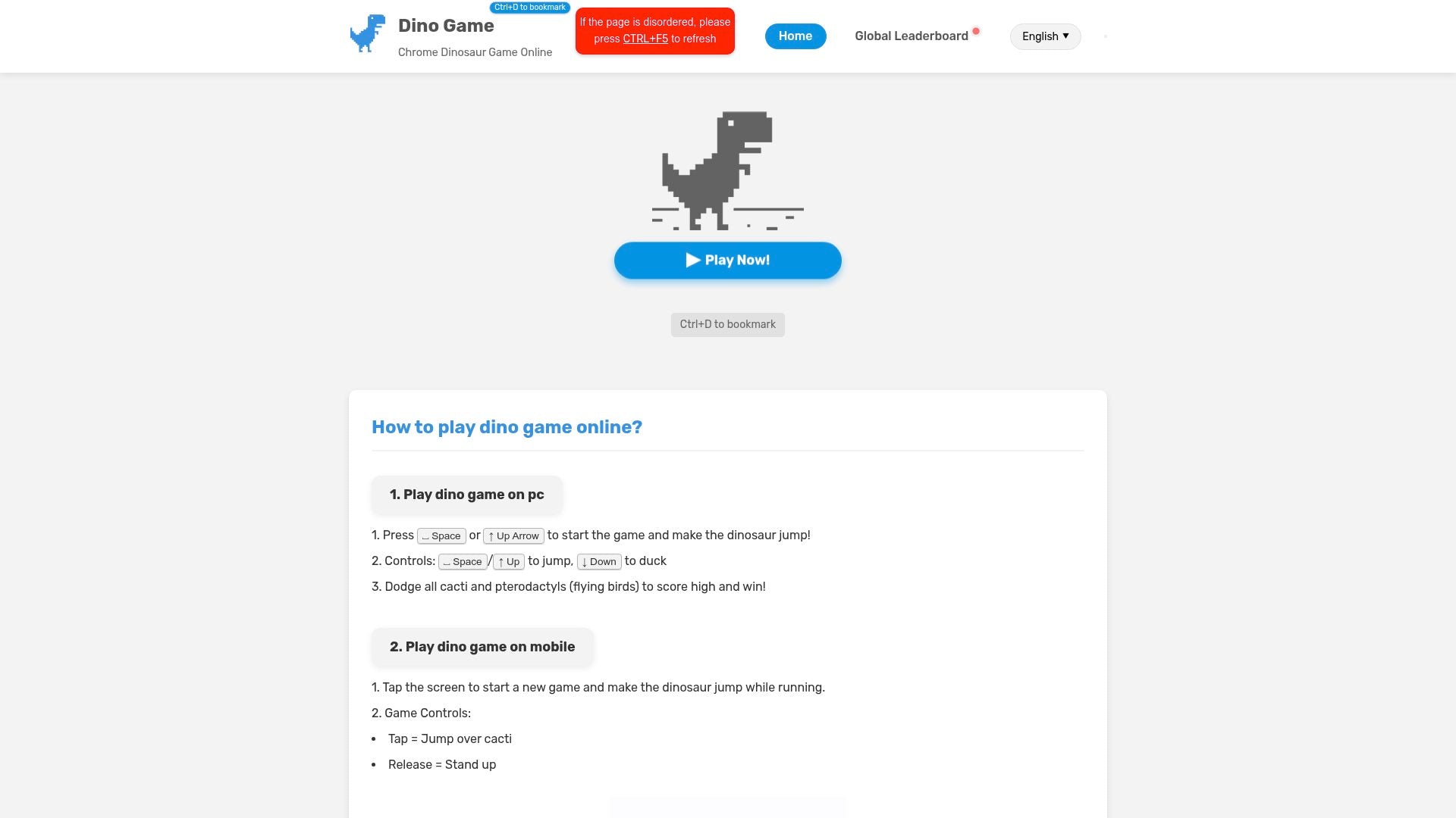 Dino Game - Enjoy an addictive endless runner featuring a T-Rex.
