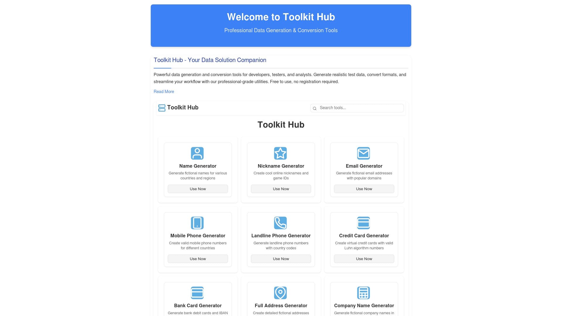 Toolkit Hub - Powerful tools for data generation and conversion.